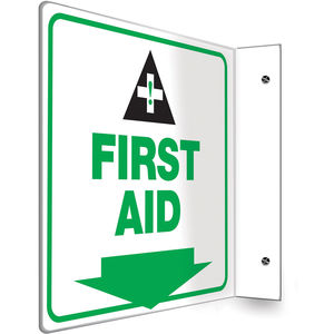 8"Hx8"W L-Shape Black/Green/White Plastic FIRST AID (Arrow Down) First ...
